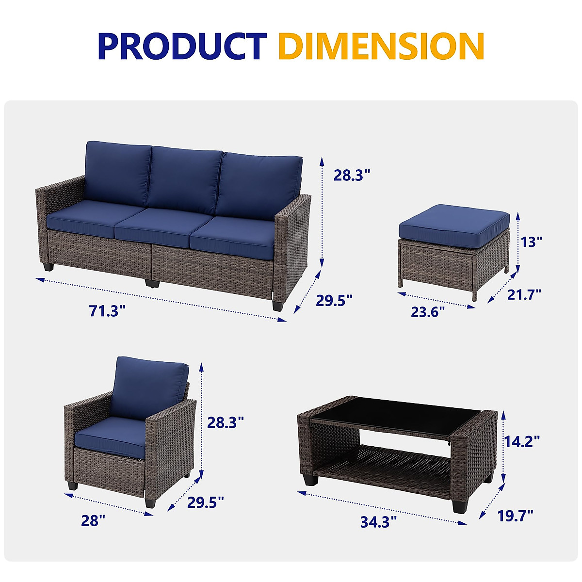 RoyalCraft 4 Piece Outdoor Patio Furniture Set, All-Weather Rattan Wicker Sectional Sofa Set with Glass Coffee Table, Outdoor Conversation Set for Balcony Backyard Porch, Blue Cushion