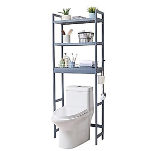 VEVOR Over the Toilet Storage, 3-Tier Adjustable Over Toilet Bathroom Organizer, Bamboo Storage Shelf Rack with 3 Hooks, Freestanding Easy Assembly Laundry Space Saver, Fit Most Toilets, Gray
