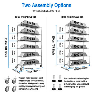 NSF Heavy Duty 6-Tier Metal Wire Shelving Unit - 6000lbs Capacity, Adjustable, with 5in Wheels/Leveling Feet and Shelf Liners - Ideal for Garage, Kitchen, and More - Chrome, 20"D x 48"L x 84.5"H