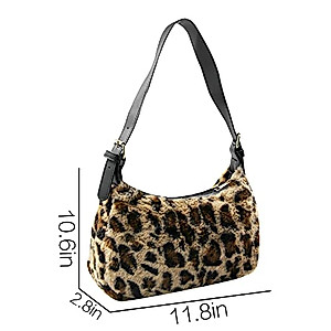 RARITYUS Women Plush Leopard Cow Print Underarm Bag Fashion Faux Fur Tote Bag Clutch Handbag with PU Strap