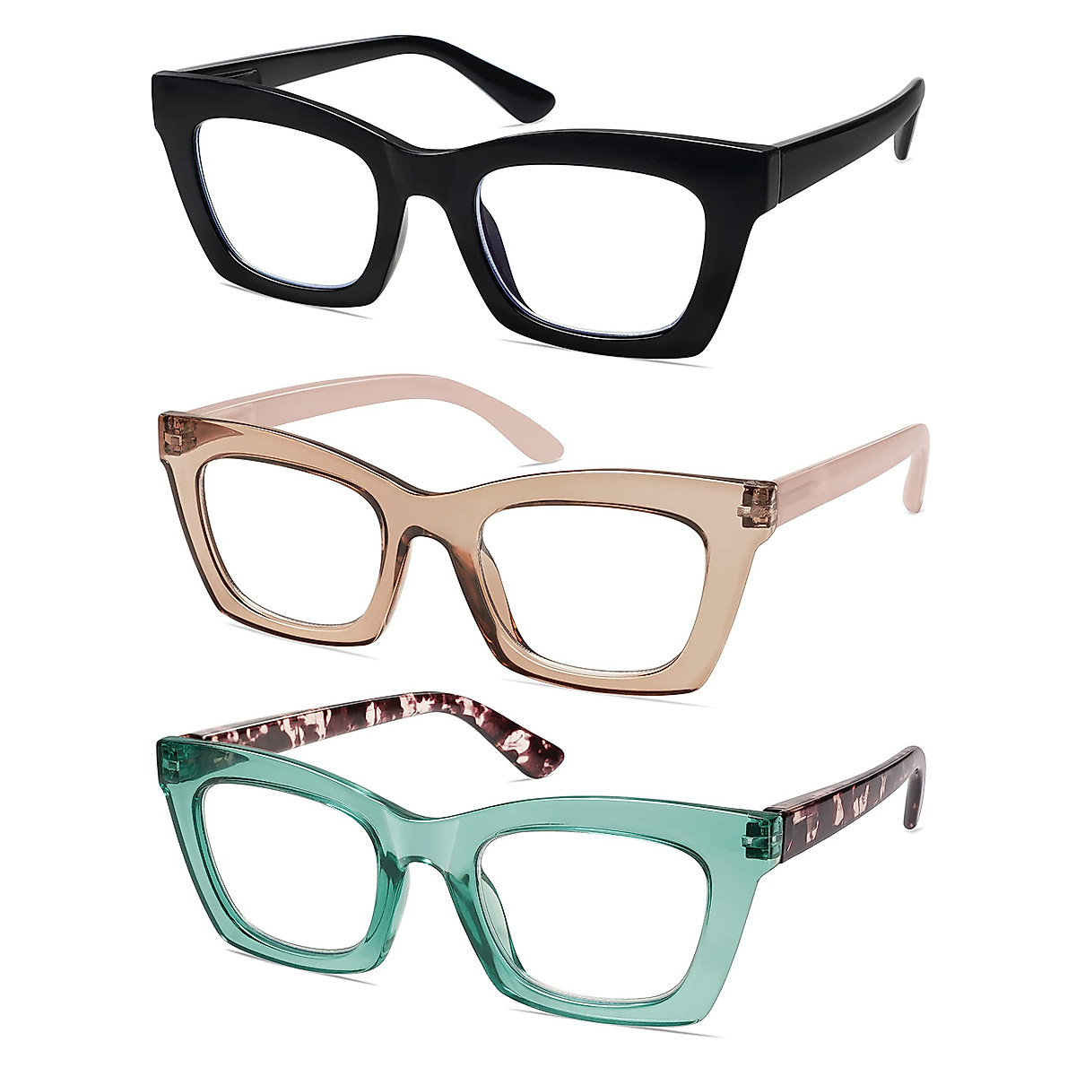 AMOMOMA 3 Pack Trendy Oversized Blue Light Stylish Readers for Women,Retro Square Cute Sturdy Computer Womens Reading Glasses AM6042 Black+Brown+Green 1.5