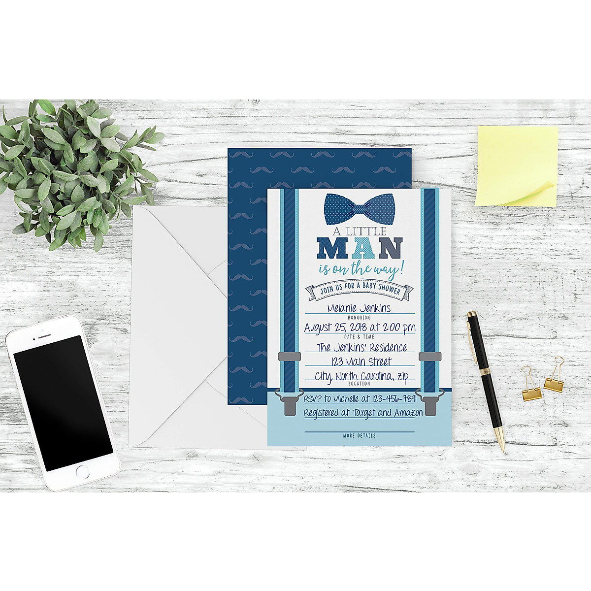 Your Main Event Prints Boy Baby Shower Invitations, 20 Including Envelopes & Diaper Raffle Cards, Little Man, Sprinkle