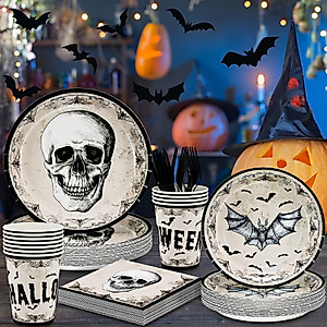 DYLIVeS Halloween Party Supplies Kit, Halloween Skull Bats Disposable Tableware, Includes Dinner Plates, Dessert Plates Napkins Cups Forks, Halloween Birthday Party Decorations Adults, Serve 24