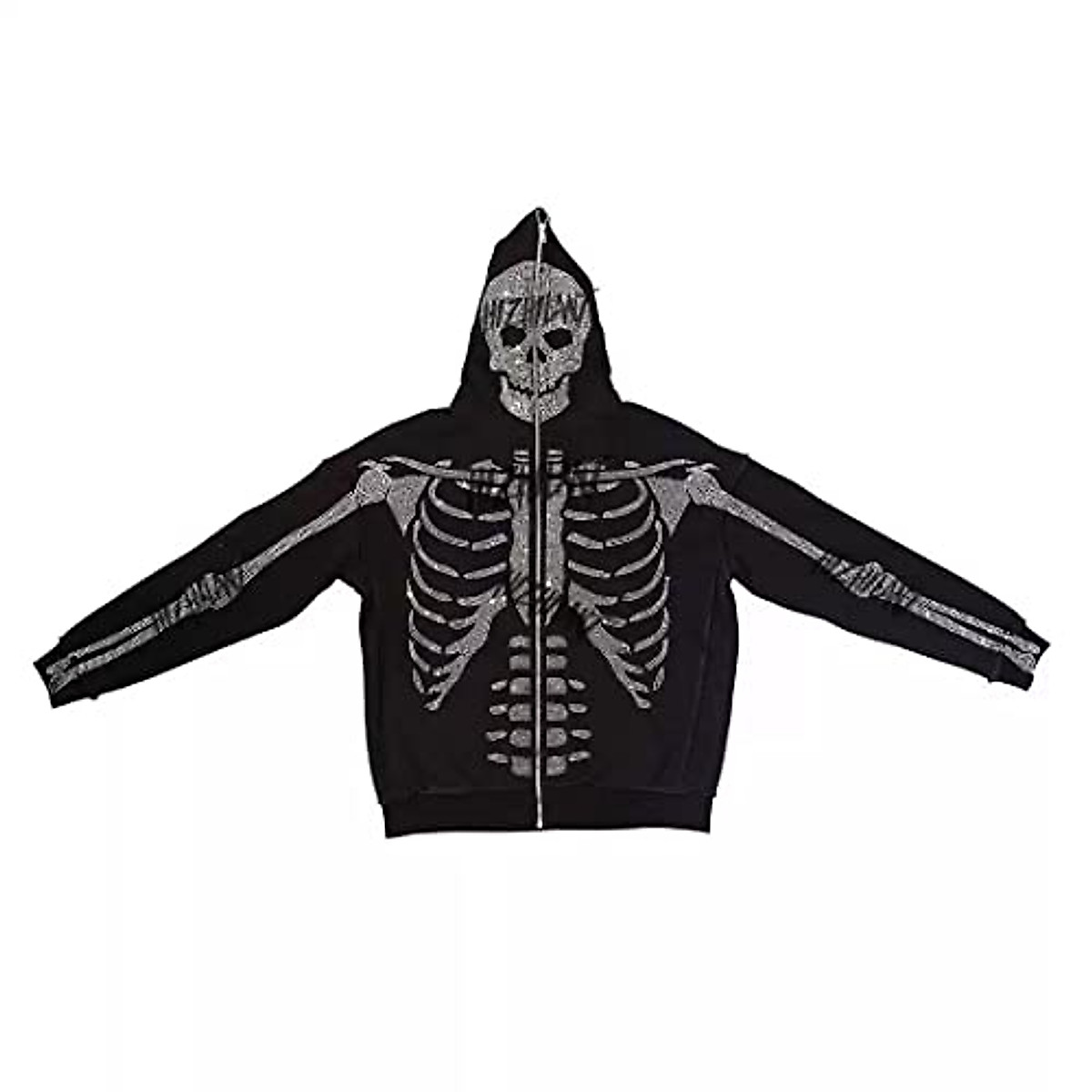 Women Men Oversized Zip Up Hoodie Sweatshirt Rhinestone Skeleton Sweatshirt Loose Fit Aesthetic Hoodies(Black-1,Small)