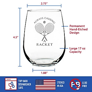 Causing A Racket - Stemless Wine Glass - Funny Tennis Themed Decor and Gifts - Large 17 Oz Glasses