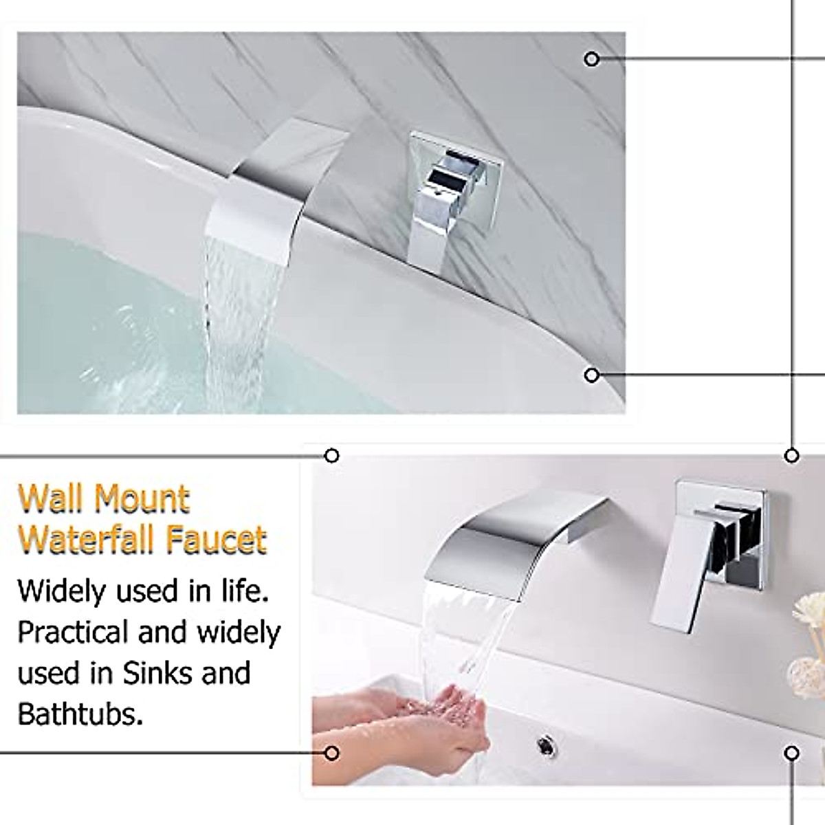 KAPHOME Waterfall Faucet Wall Mount,Brass Bathroom Waterfall Tub Faucet,Wall Mounted Bathtub Filler Tap,Chrome,KHBPC01U