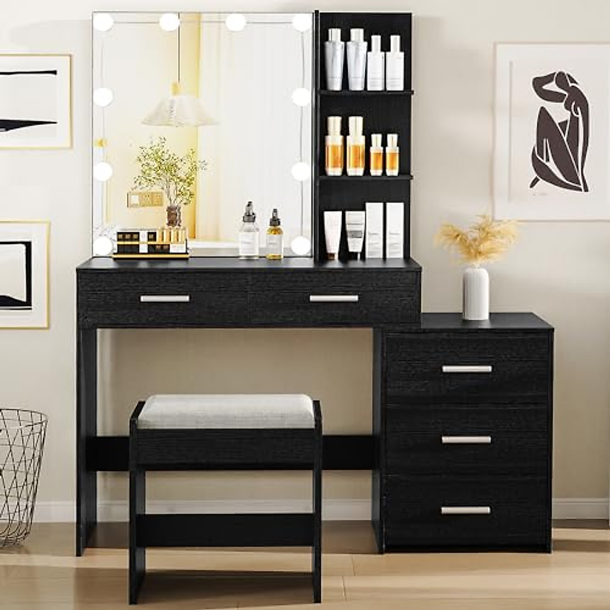 usikey 43.5in Large Vanity Desk with Mirror and 10 LED Lights, Makeup Vanity Table with Lights and 5 Drawers, Black Vanity Table Vanity Set with Storage Shelves and Stool for Women Girls, Black