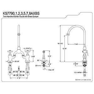 Kingston Brass KS7792AXBS English Country Bridge Kitchen Faucet Sprayer, Polished Brass
