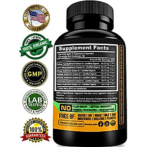 Organic Mushroom Supplement Extracts of Lions Mane Cordyceps Chaga Reishi Turkey Tail Maitake Shiitake Capsules - Natural Vitamins Minerals Antioxidants Supplement - Made in The USA