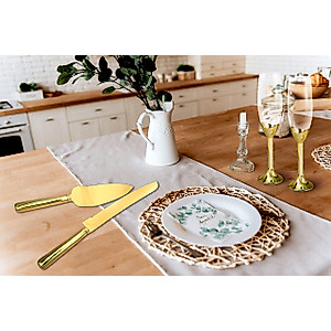 FASHIONCRAFT Elegant Glasses with Cake Knife and Server 4 Piece Set, Gold