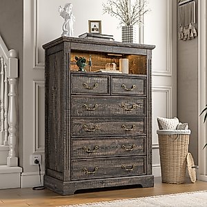 EnHomee Farmhouse 6 Drawer Dresser for Bedroom LED Light & Power Outlets, 48" H Solid Wood Dressers & Chests of Drawers with Natural Texture, Tall Dressers for Bedroom, Hallway (Dark Rustic Oak)