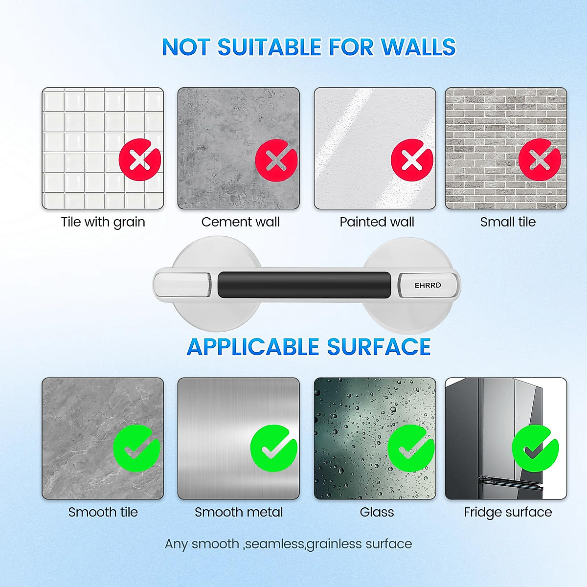 EHRRD A Pair(Two) Suction Cup Bathroom Grab Bar with Black Accent - Secure Safety Handle for Bathtubs and Showers, Non-Slip Shower Handrail for Seniors and Elderly, No Drilling Required (Black)