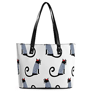 Womens Handbag French Parisian Cat Pattern Leather Tote Bag Top Handle Satchel Bags For Lady