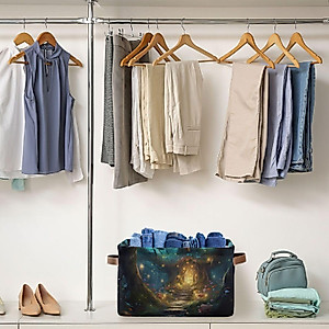 GOODOLD Fairy Fantasy Forest Shelf Storage Baskets, Foldable Fabric Storage Bins with Leather Handles for Closet, Home, Bedroom, Nursery, Office Organizers (2 Pack)