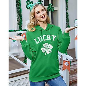 St Patrick's Day Women Green Long Sleeve Sweatshirt Graphic Print Shamrock Four Leaf Hoodie Lucky Clover M