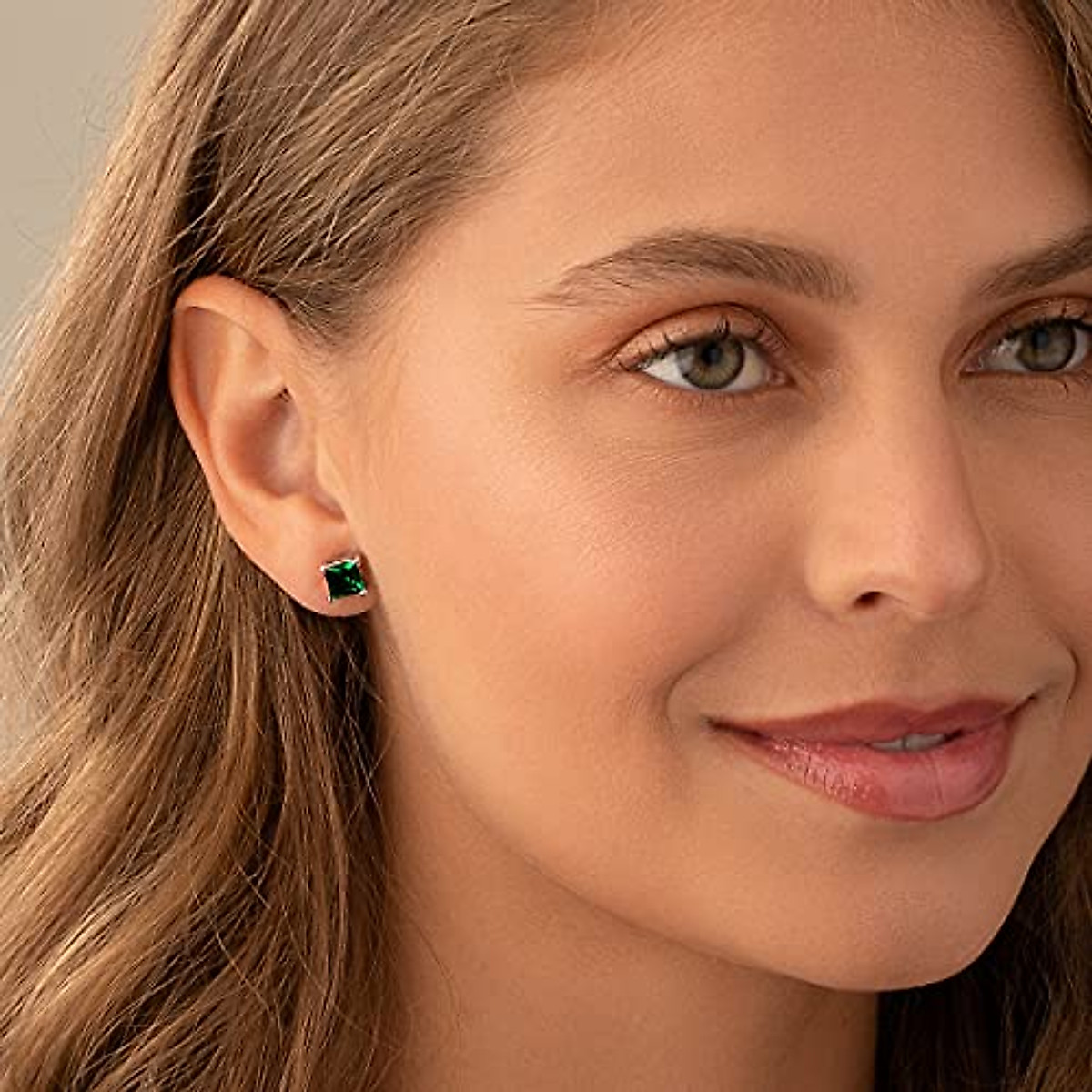 Peora Simulated Emerald Stud Earrings 925 Sterling Silver, Solitaire Scroll Gallery, 2 Carats Total Princess Cut 6mm, Friction Back