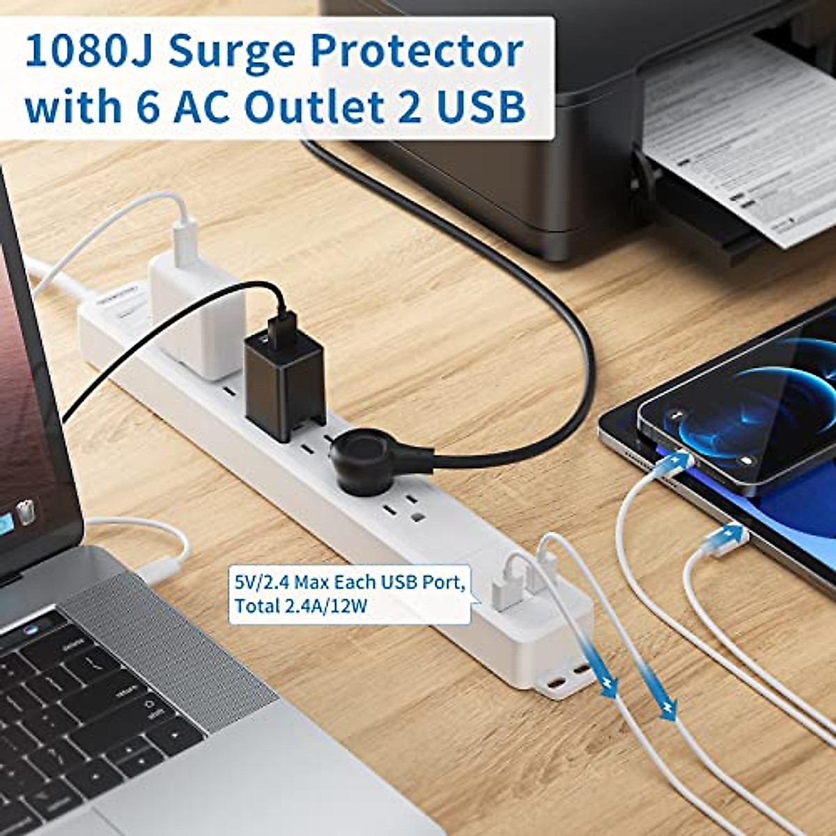 Extension Cord 25 ft, Power Strip Long Cord, NTONPOWER Heavy Duty Surge Protector Power Strip, 6 Outlet 2 USB,1875W / 15A Circuit Breaker, 1080 Joules, Wall Mount for Office Garage Kitchen Workbench