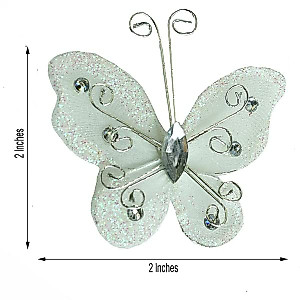 Tableclothsfactory 12 Pack White 2" Crystal Studded Organza Butterflies for Wedding Decorations