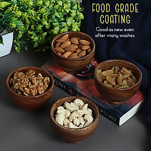 LAVAUX DESIGNS Set of 3 Acacia wood small bowls 4 fl oz | 3.25 * 2 inches | hand carved wooden Kitchen cups for serving dips, sauce, nuts, candy and condiments | Cute mini cups