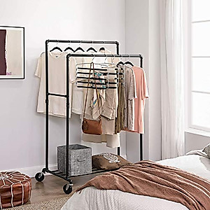 SONGMICS Double-Rail Clothes Rack Bundle with 3-Pack 5-Bar Pants Hangers, Industrial Pipe Design Garment Rack on Wheels, Space-Saving Trousers Hangers with Swing Arms, Black UHSR60B and UCRI041BK