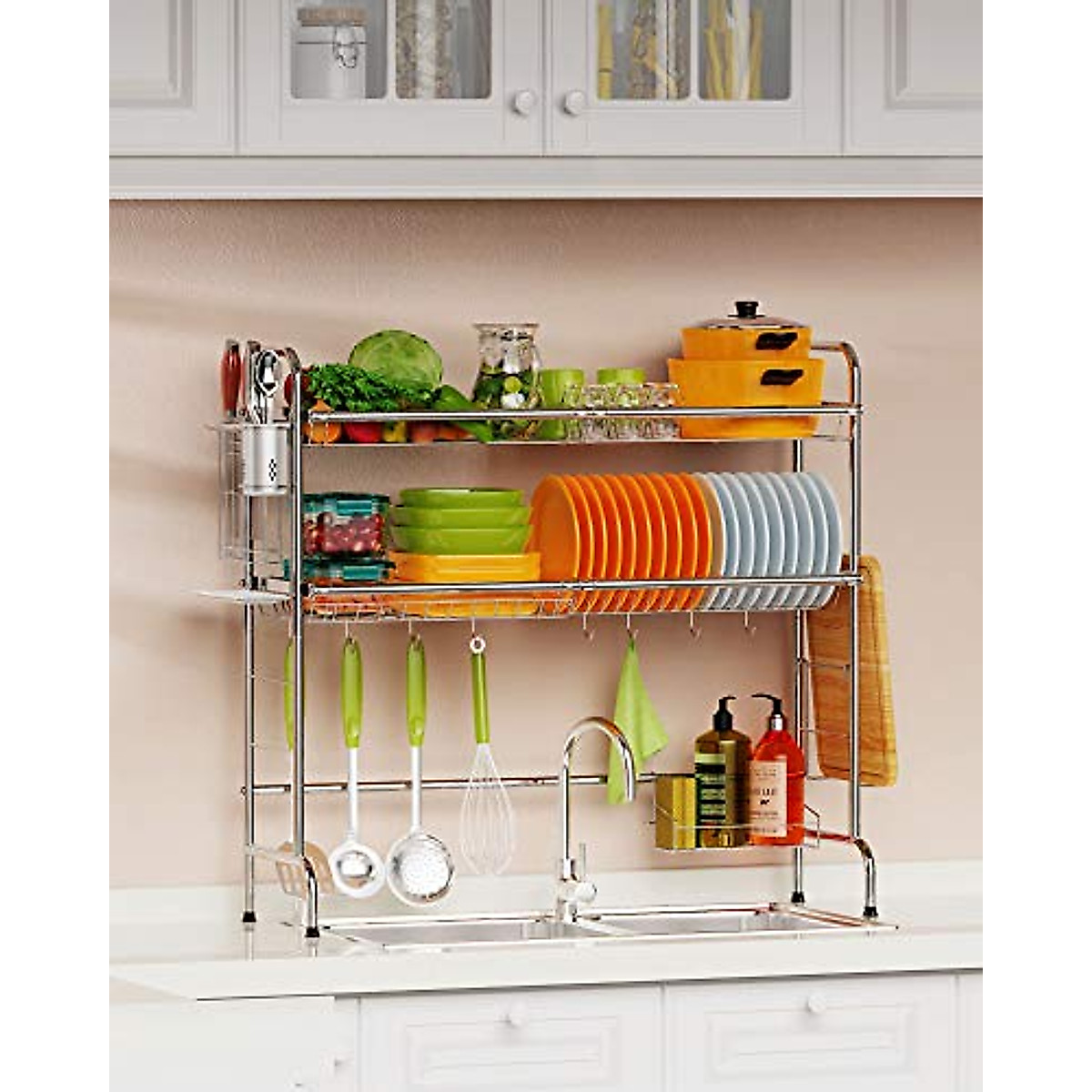 Ace Teah Over The Sink Dish Drying Rack 2-Tier Large Over Sink Dish Rack for Kitchen Organizer, Above Sink Dish Drainer Stainless Steel with Utensil Holder Hooks, Silver
