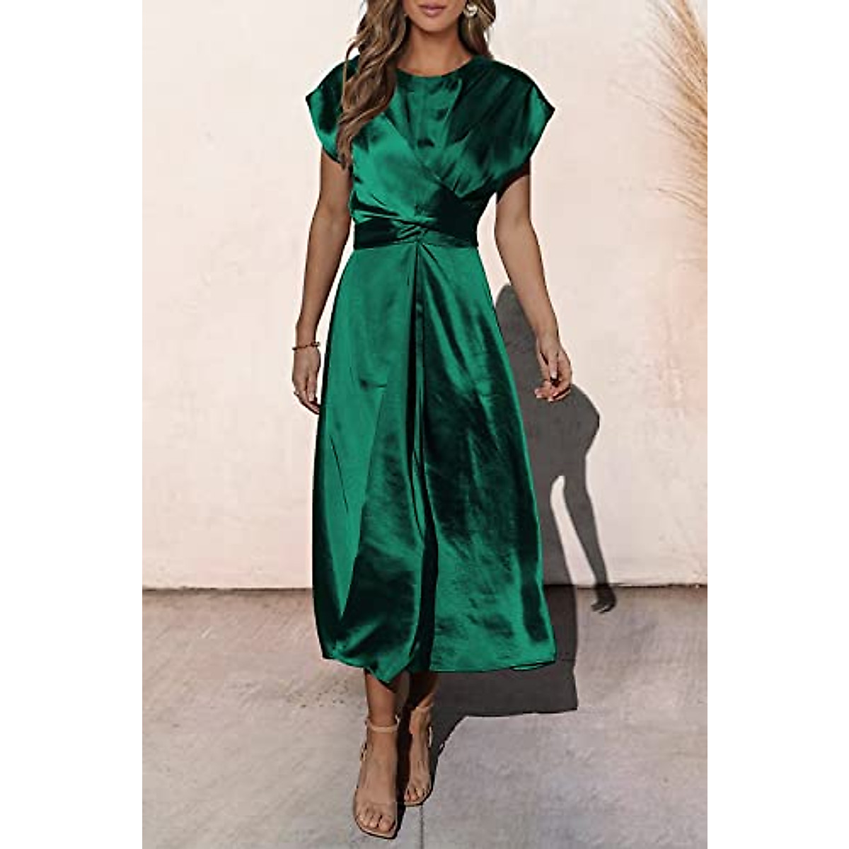PRETTYGARDEN Women's 2023 Summer Satin Midi Dress Cap Sleeve Tie Waist Elegant A-Line Flowy Dresses (Dark Green,Large)