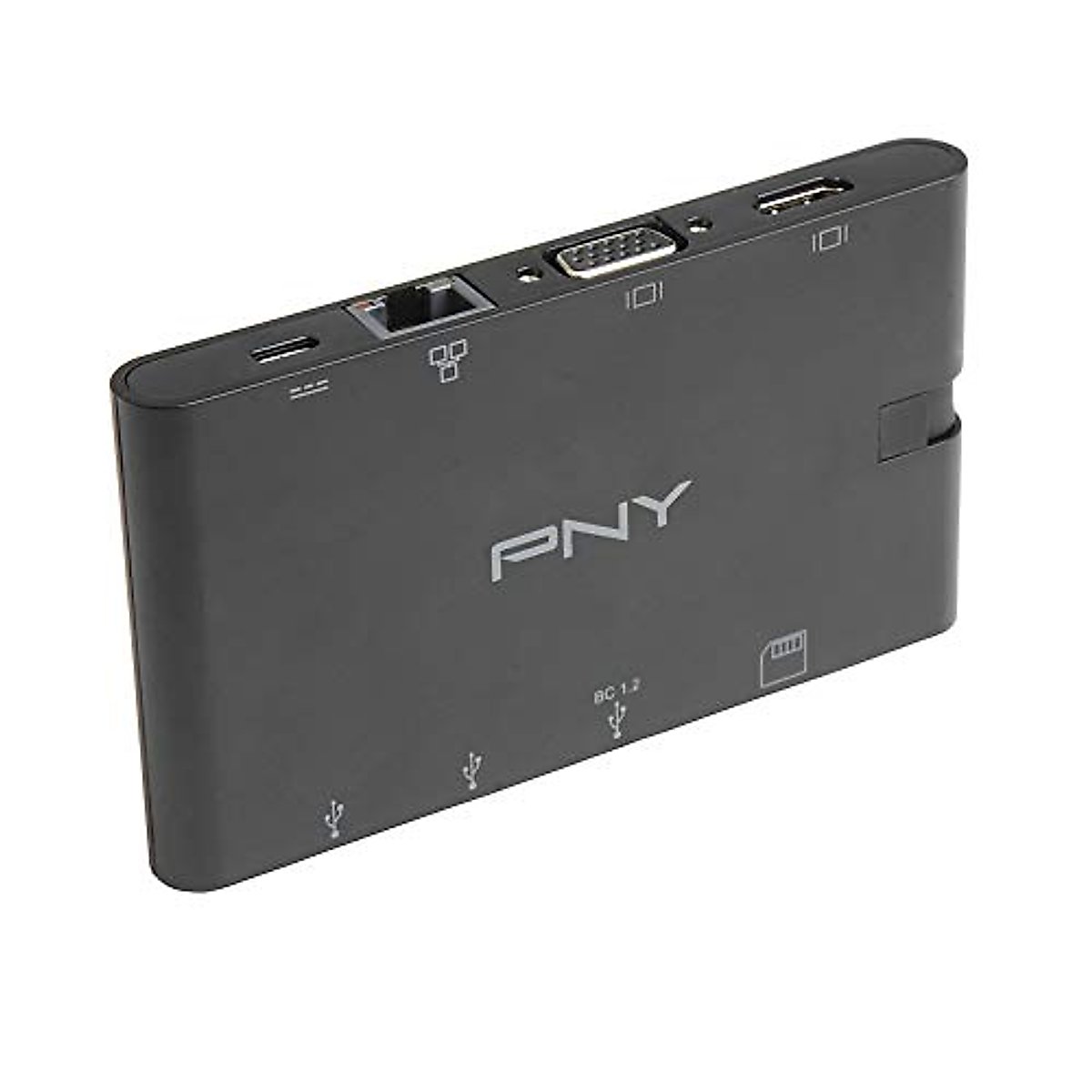 PNY 9 in 1 Mini Portable USB-C Power Hub with Integrated USB-C Cable for USB-C Compatible Devices with 2xUSB-C Ports, 2xUSB-A 3.1 Ports, 1xHDMI Port, 1xVGA Port, SD/microSD Slots, PNY Mini USB-C Hub