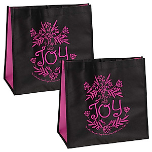Divinity Boutique Filled With Joy 12 x 12 Inch Reusable Eco-Friendly Tote Bag, Black/Hot Pink, Pack of 2