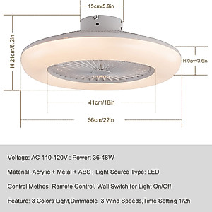 TFCFL 22 Inch Ceiling Fan with Light and Remote Control,Dimmable Modern LED Semi Flush Mount Light Fandelier,Enclosed Ceiling Fan,Quite Motor,for Home Living Room