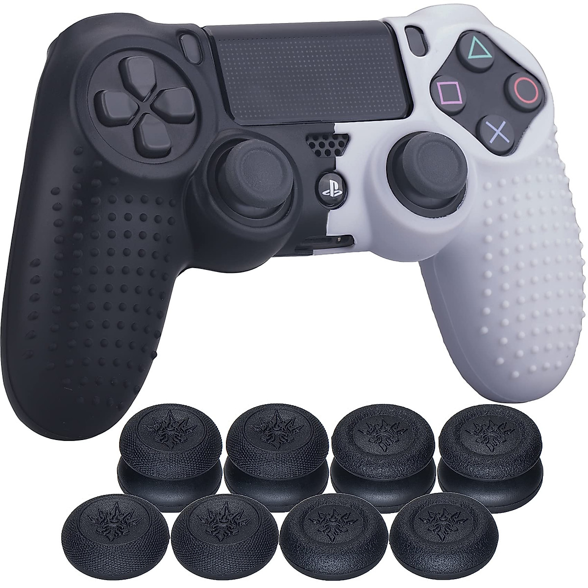 YoRHa Studded Dots Silicone Rubber Gel Customizing Cover for Sony PS4/slim/Pro Dualshock 4 Controller x 1(Black&White) with Pro Thumb Grips x 8