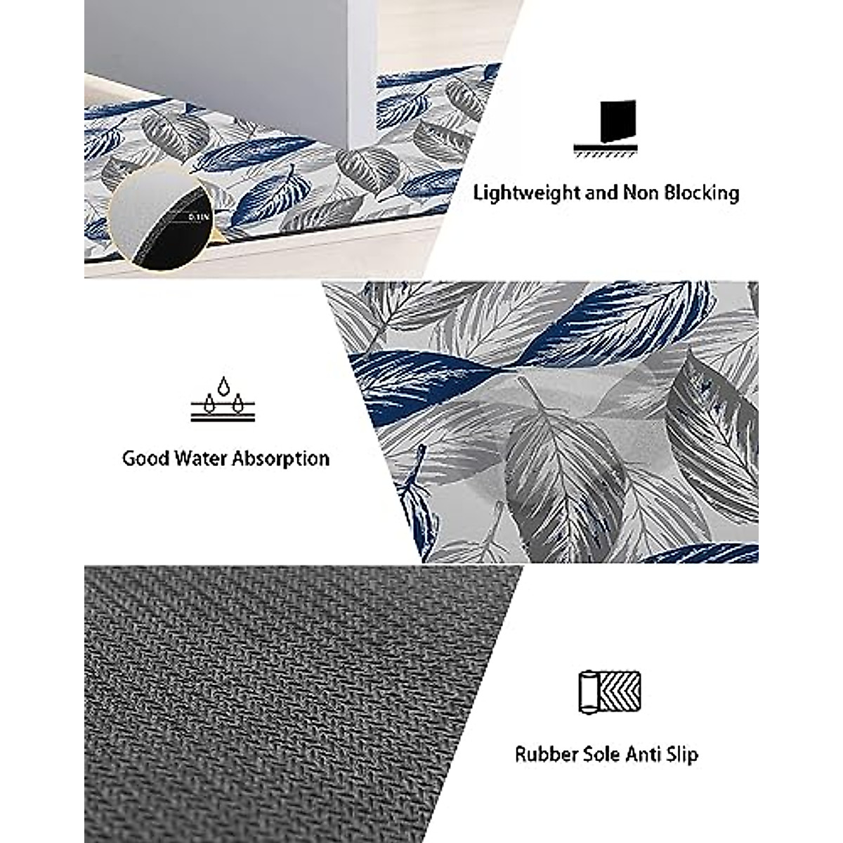 Gogobebe Super Absorbent Diatom Mud Mat Navy Blue Gray Leaves Leaf Texture Quick-Drying Thin Bath Mat Non-Slip Bathtub Mat Anti-Skid Rubber Bathroom Shower Mat 16x24in