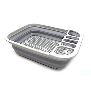 SAMMART 12L (3.17 Gallon) Collapsible Dish Drainer with Drainer Board - Foldable Drying Rack Set - Portable Dinnerware Organizer - Space Saving (Grey)