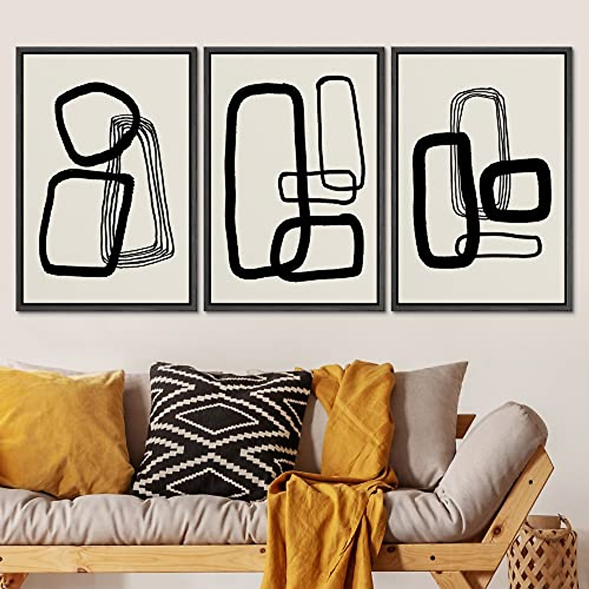 SIGNLEADER Framed Canvas Print Wall Art Set Mid-Century Geometric Square Polygons Abstract Shapes Illustrations Modern Art Minimalism Decorative for Living Room, Bedroom, Office - 16"x24"x3 Black