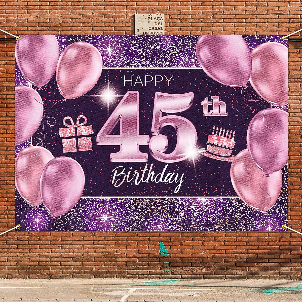 PAKBOOM Happy 45th Birthday Banner Backdrop - 45 Birthday Party Decorations Supplies for Women - Pink Purple Gold 4 x 6ft