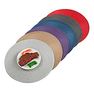 Round Placemats, Crossweave Heat Resistant Classic Woven Round Place Mats Diameter 13.5 inch for Kitchen Table Set of 6 (Light Gray)