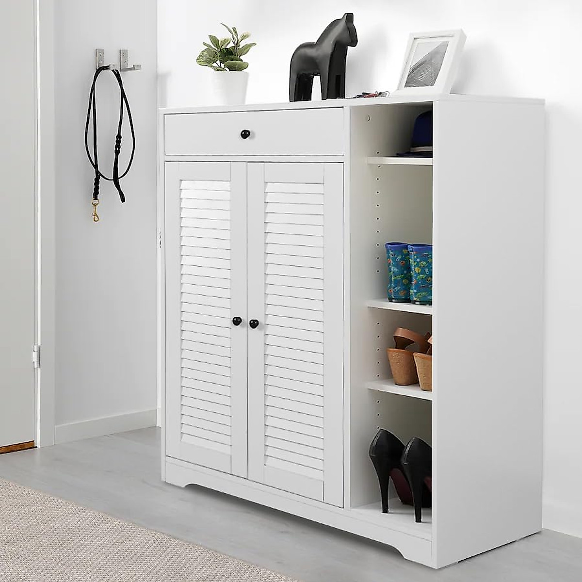 ZLECTIO Shoe Rack for Entryway, Freestanding Shoe Storage with 2 Shutter Door and Top Drawer, White Shoe Cabinet for Hallway Bedroom Living Room Apartment