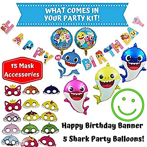 Baby Shark Birthday Party Decorations Kit - 124 Piece Shark Themed Party Supplies Set for Boys | Party Favors Include Disposable/Reusable Tableware Kit, 3' x 5' Photo Backdrop, Happy Birthday Banner, Shark Party Headbands and Balloons | Serves 20 Guests