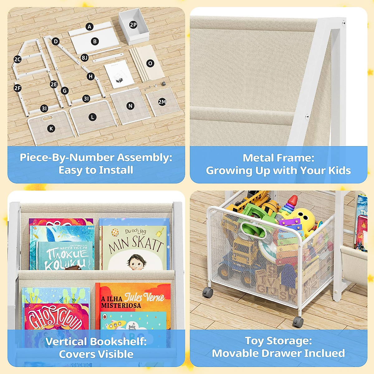 Kids Bookshelf and Toy Storage Organizer - 3 Tier Book Shelf for Kids Rooms with Movable Drawer, Kids Bookcase with 2 Toy Bins, Toddler Baby Childrens Bookshelf, for Bedroom Playroom Classroom (White)