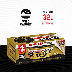 Bumble Bee Prime Solid White Albacore Tuna in Water,Premium Wild Caught Tuna - 31g Protein per Serving - Non-GMO Project Verified, Gluten Free, Kosher, 5 Ounce (Pack of 4)
