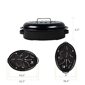 Letschef Roasting Pan 11Lb 15.7 inch Oval Enamel Oven Roaster Pan with Lid for Turkey Chicken Cookware PFOA free