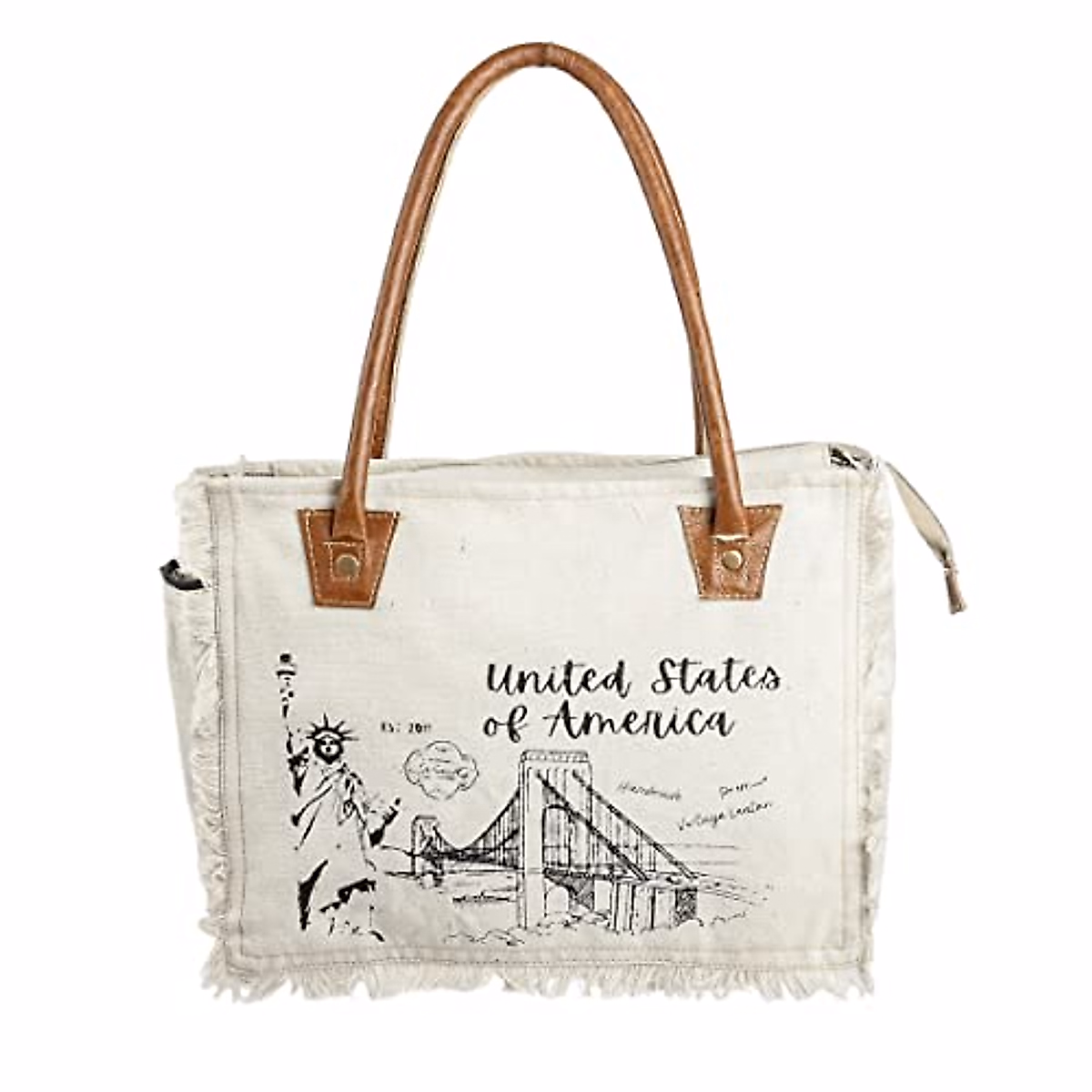 KPL Sel De Mer Upcycled Canvas and leather Hand Bag Cowhide Tote Bag shopping bag carry on leather bag (White)