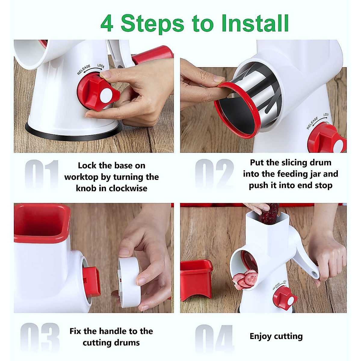 Rotary Cheese Grater - Round Vegetable Mandoline Slicer with 3 Cylinder Stainless Steel Blades, 100% Dishwasher Safe, Super Strong Grip