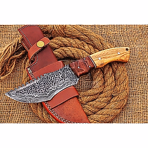 HUNTEX Handmade Exposed Hand-Forged Ladder Pattern Damascus Steel 10 Inch Long Full Tang Oak Wood Handle Razor Sharp Hunting Camping Tracker Knife w/Genuine Leather Pouch