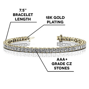 Cate & Chloe Leila 18k Tennis Bracelet, Women's 18k Yellow Gold Plated Tennis Bracelet w/Cubic Zirconia Square Crystals, 7.5" Sparkling Stone Bracelet for Women, CZ Wrist Bracelets