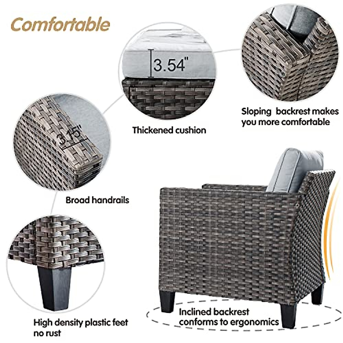 ovios Patio Furniture, Outdoor Furniture Sets, Modern Wicker Patio Furniture Sectional and 2 Pillows, All Weather Garden Patio Sofa, Backyard, Steel (Grey)