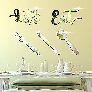 Let's Eat 3D Mirror Wall Stickers Acrylic Kitchen Wall Decals Decoration Removable Fork Spoon Knife Sign DIY for Restaurant Dining Room (Elegant Style)