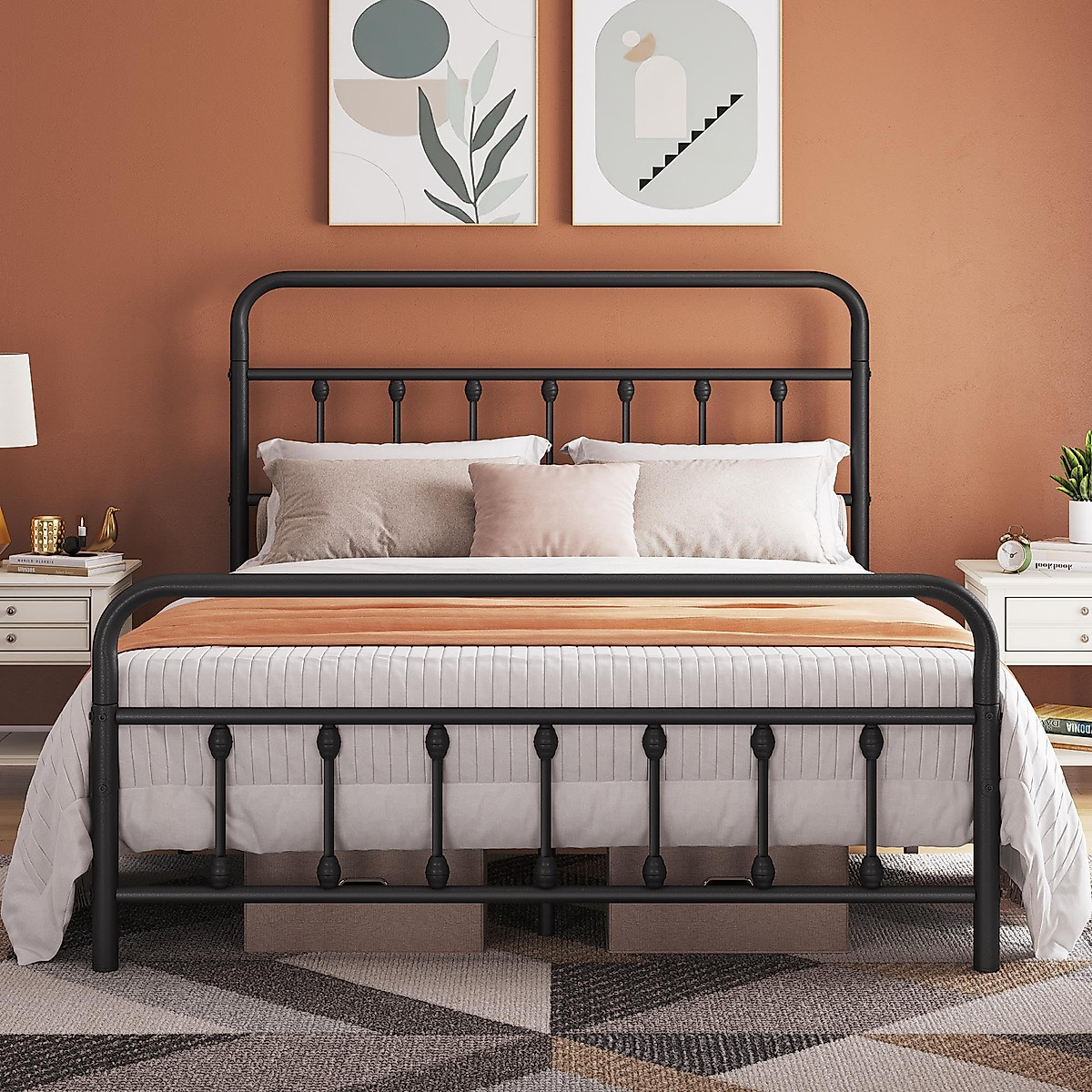 Topeakmart Full Size Victorian Style Metal Bed Frame with Headboard/Mattress Foundation/No Box Spring Needed/Under Bed Storage/Strong Slat Support Black