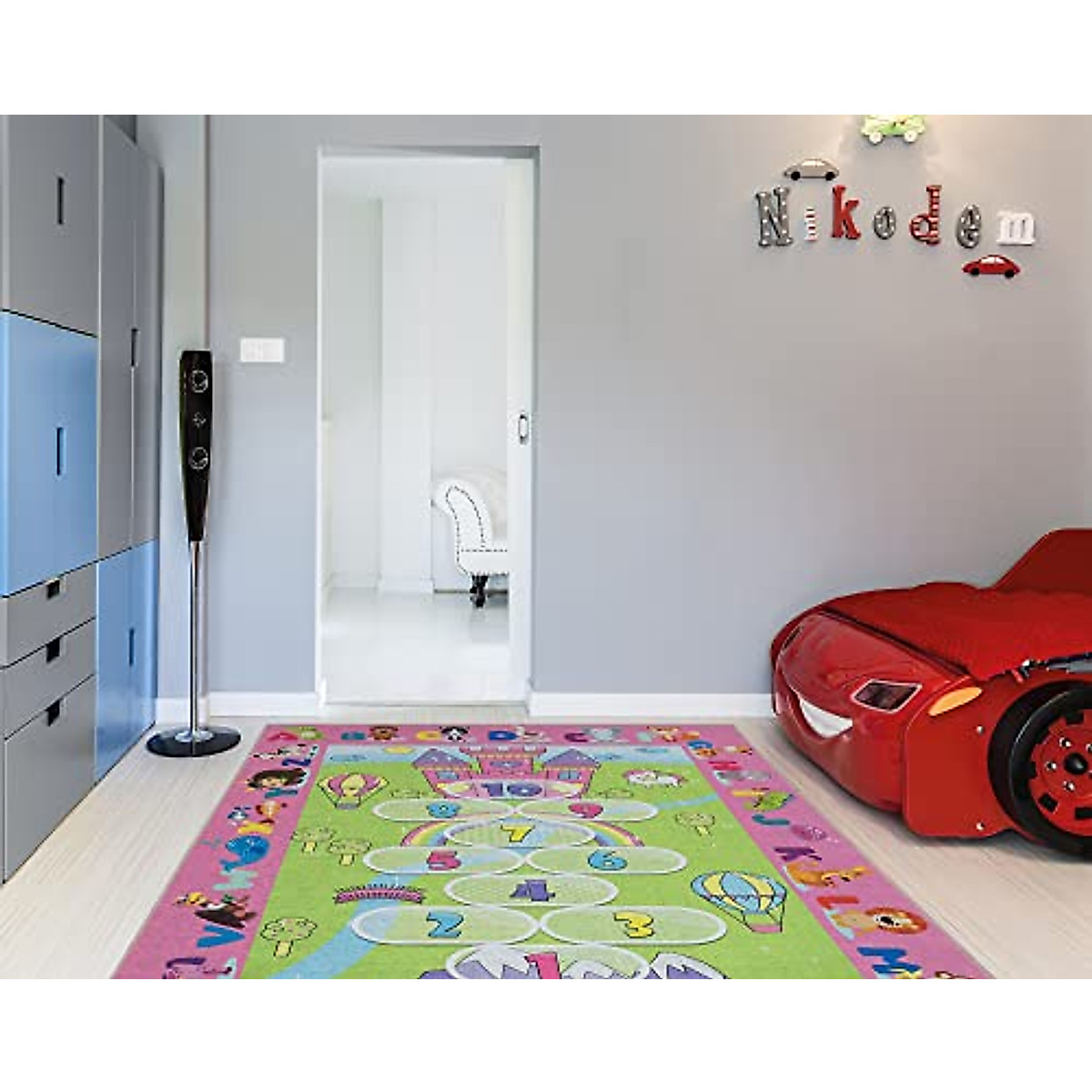 Ottomanson Machine Washable Wrinkle Free Hopscotch Princess Design Cotton 4x6 Kid's Area Rug for Playroom, Kid's Room, Bedroom, Kindergarten, 4' x 6', Pink