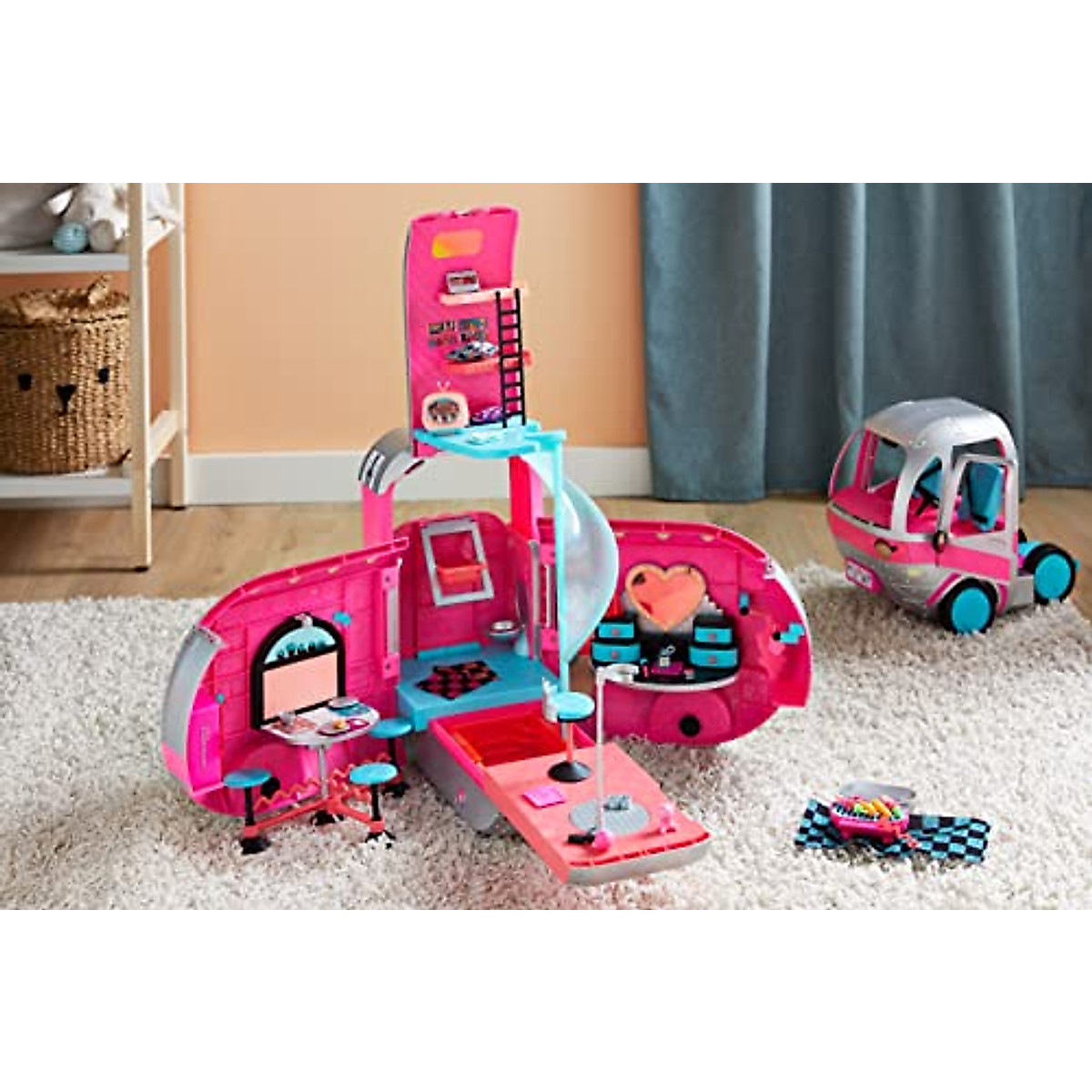 LOL Surprise OMG Glamper Fashion Camper Doll Playset with 55+ Surprises, Fully-Furnished with Light Up Pool, Water Slide, Bunk Beds, Cafe, BBQ Grill, DJ Booth - Gift Toy for Girls Ages 4 5 6 7+ Years