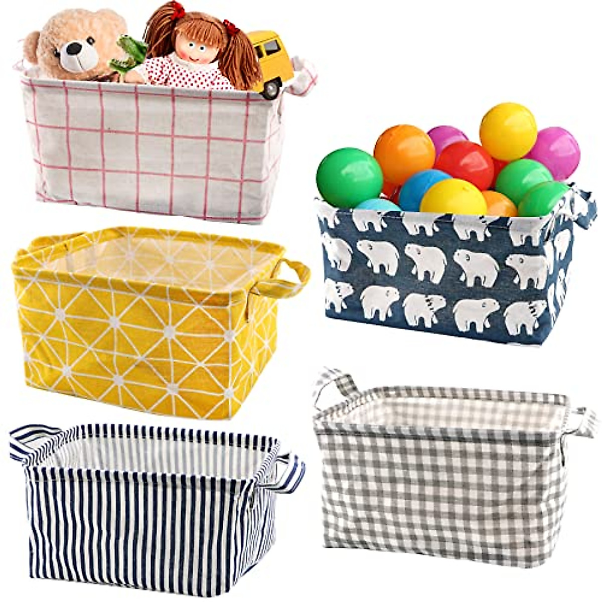 5 Pcs Foldable Storage Bin Basket,Foldable Container Organizer Fabric Storage Receive Baskets with Handle Cotton Linen Blend Storage Bins for Makeup, Book, Baby Toy,9.85x7.9x5.5 inch
